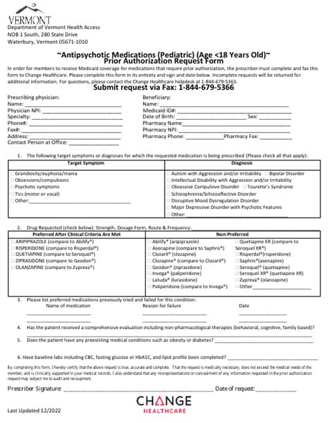 Vermont Antipsychotic Medications Pediatric Age 18 Years Old Prior