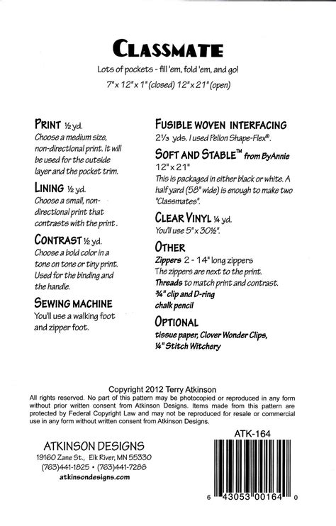 Classmate Storage Case Sewing Pattern From Atkinson Designs Brand New