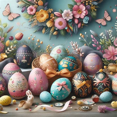 Seamless Easter Pattern Delightful Eggs Bunny And Flowers Background