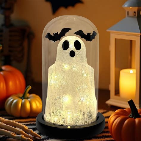 Halloween Lighted Ghost In Glass Dome Cloche Decorations Indoor Light