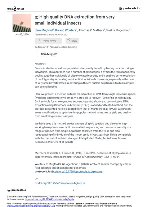 Pdf High Quality Dna Extraction From Very Small Individual Insects V1