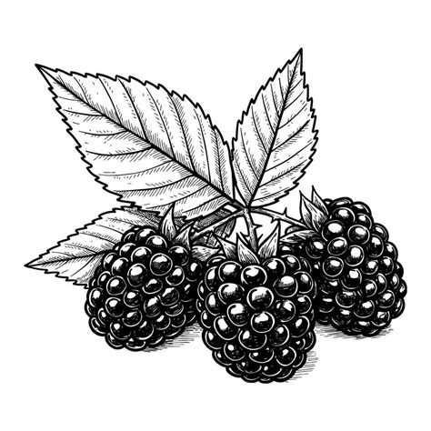 Detailed Blackberries With Leaf Branch Black And White Outline Line Art