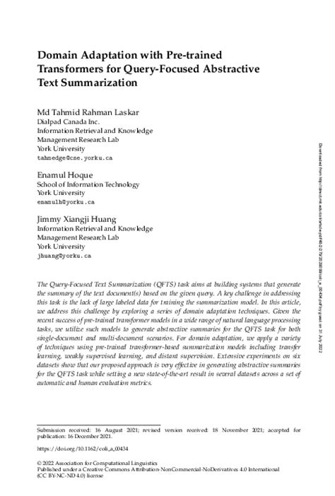 Pdf Domain Adaptation With Pre Trained Transformers For Query Focused