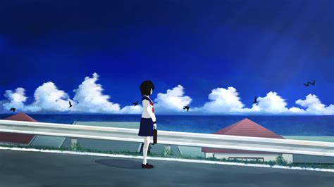 Safebooru Aobara1101 Bird Black Hair Blue Sailor Collar Blue Skirt