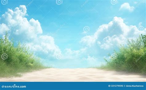 Sunny Sandy Path With Lush Green Bushes Under A Bright Blue Sky Stock