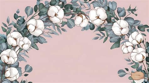 Cotton Flowers With Eucaliptus Floral Top View Pattern On Pink