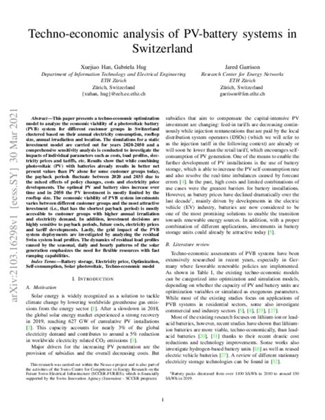 Pdf Techno Economic Analysis Of Pv Battery Systems In Switzerland