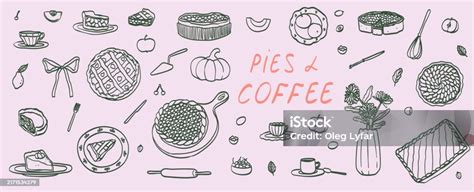 잉크 또는 숯 손으로 그린 과일 고기 호박 및 베리 굽기 벡터 그림의 컬렉션 전통적인 케이크 타르트 및 파이의 빈티지 세트 스케치 낙서 스타일의 평면도 달콤한 베이커리