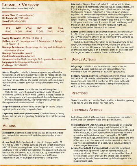 [oc] An Action Oriented Stat Block For Ludmilla Vilisevic The First Bride Of Strahd In Curse Of