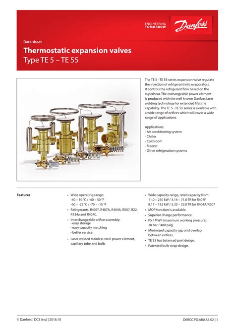 Danfoss Te 5 Te 12 Te 20 Te 55 Thermostatic Expansion Valves 数据表