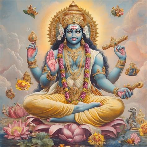 A Depiction Of The Hindu God Vishnu Seated On A Lotus With Multiple