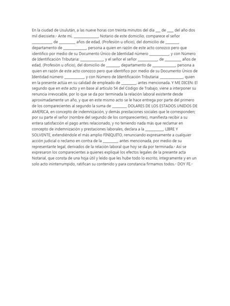 Modelo De Finiquito Laboral El Salvador Pdf Derecho