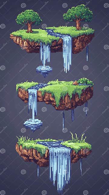 Pixel Art Floating Island Set With Grass Trees And Waterfalls Stock