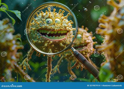 Evil Microbe Bacterium Under A Magnifying Glass Cartoon Character Of