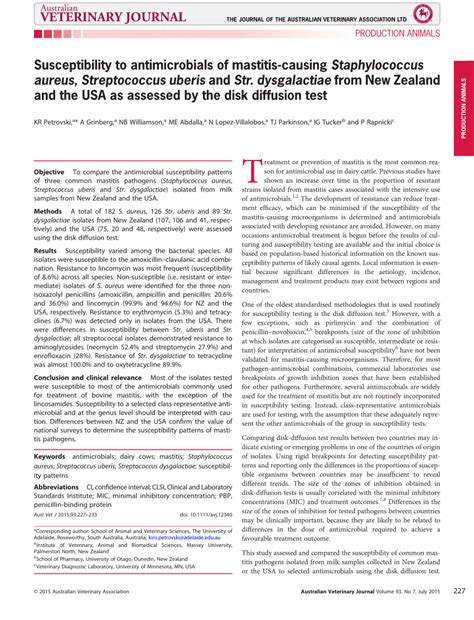 Pdf Susceptibility To Antimicrobials Of Mastitis Causing