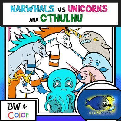 Narwhals Vs Unicorns And Cthulhu Clip Art 33 Pc Set Bw Color Clip
