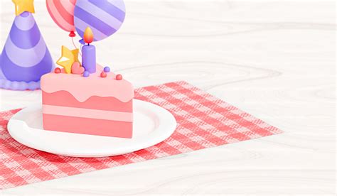 촛불을 가진 생일 케이크의 3d 조각 생일 축하 파티 배너 배경입니다 풍선과 파티 모자가 있는 축제 테이블 기념일 축하 만화