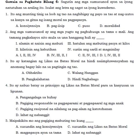 Gawain sa Pagkatuto Bilang 6 Sagutin ang mga | StudyX
