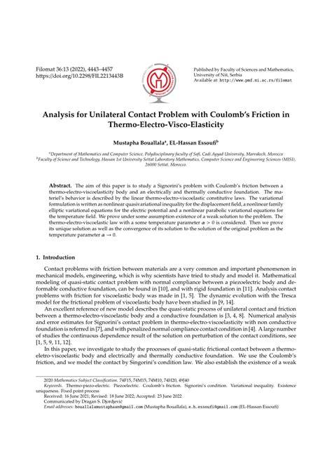 Pdf Analysis For Unilateral Contact Problem With Coulombs Friction