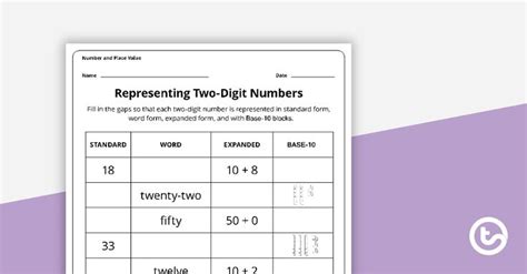 Representing Two Digit Numbers Place Value Worksheet