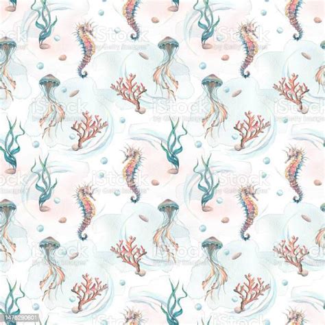 수채화 얼룩의 배경에 해마 산호 조류 자갈 및 거품이있는 해파리 수채화 그림입니다 메두사와 해마 컬렉션의 매끄러운 패턴 직물 직물 0명에 대한 스톡 벡터 아트 및 기타