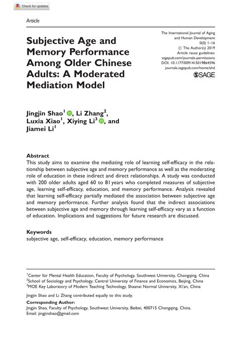 Pdf Subjective Age And Memory Performance Among Older Chinese Adults