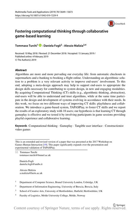 Pdf Fostering Computational Thinking Through Collaborative Game Based Learning