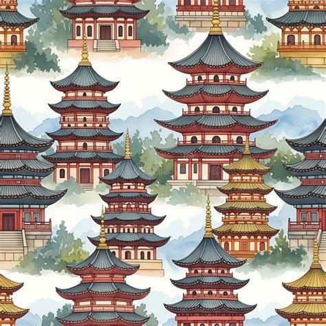 Japanese Pagodas Seamless Pattern Traditional Architecture And Cultural Heritage Stock