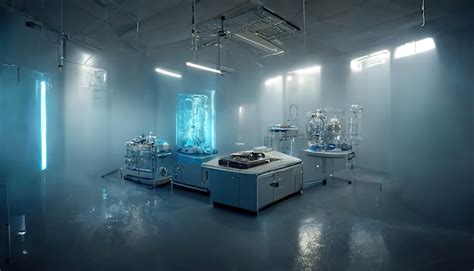 네온 불빛이 있는 과학 실험실의 래스터 그림 Nanotechnologies 생물 실험실 화학 생물학 미래 기술 로봇 치핑 과학 개념 3d 렌더링 그림 프리미엄 사진