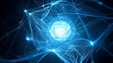 glowing central core emitting bright electric blue light with neural
