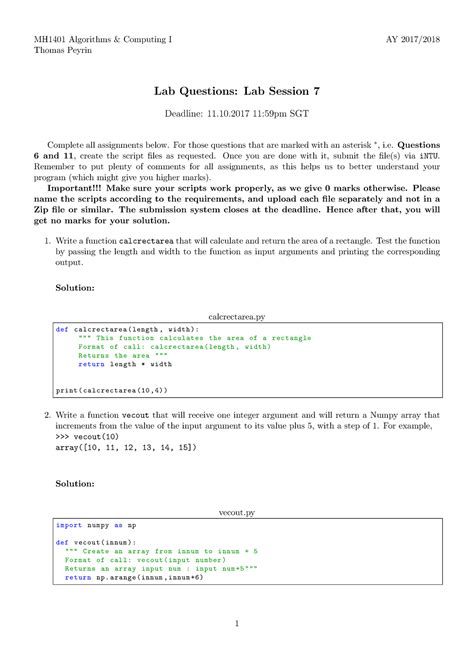Algorithms And Computing Lab 7 Solution Mh1401 Algorithms And Computing I Ay 2017 Thomas Peyrin