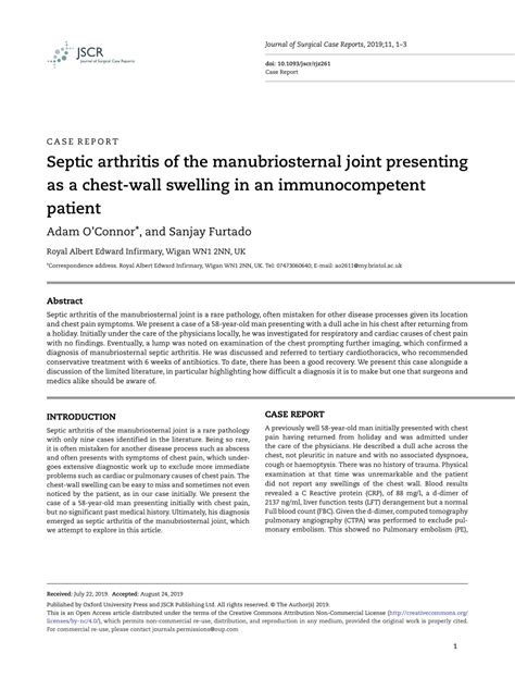Pdf Septic Arthritis Of The Manubriosternal Joint Presenting As A Chest Wall Swelling In An