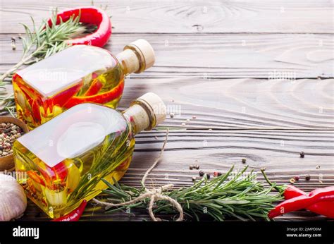 Food Background Frame Made Of Oils Condiments And Spices On Kitchen