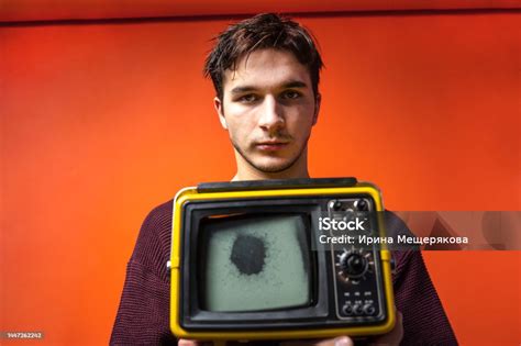 Obsessed News Passive Guy Of Untidy Appearance Holds Broken Old Tv Set