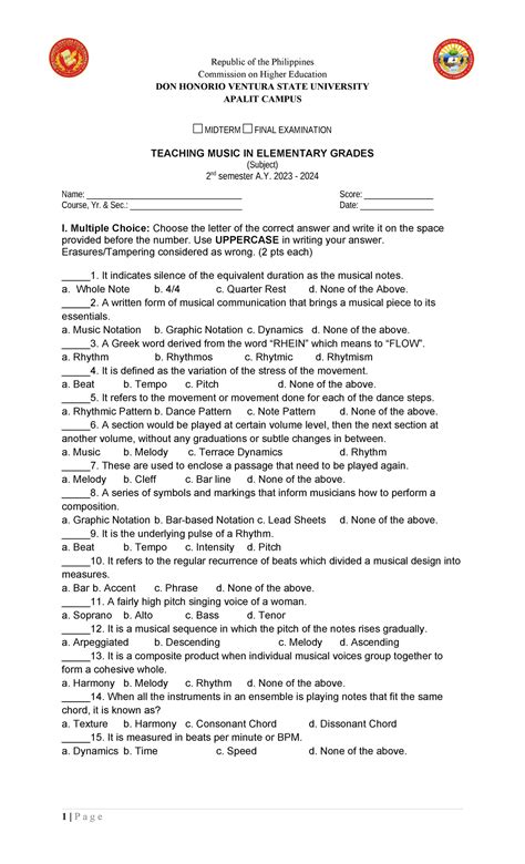 Midterm Exam In Teaching Music In Elem Grades Republic Of The Philippines Commission On Higher