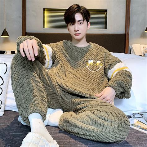 남성 잠옷 수면 파자마 하이 퀄리티 코랄 벨벳 세트 가을 겨울 봉제 두꺼운 청년 플리스 보온 홈클로스 티몬