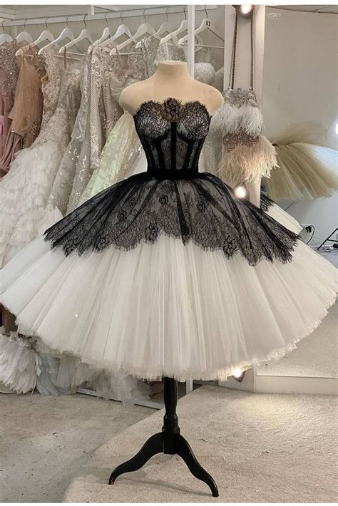 Strapless Short Ball Gown Wedding Dress With Black Lace Loveangeldress
