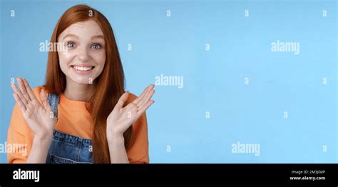 Proud Happy Supportive Young Redhead Girl Friend Clapping Hands Gladly Smiling Congratulating