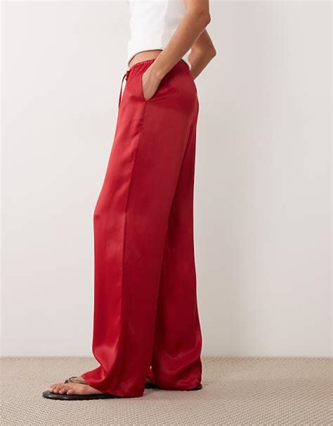 Asos Design Satin Wide Leg Pull On Pants In Red Asos