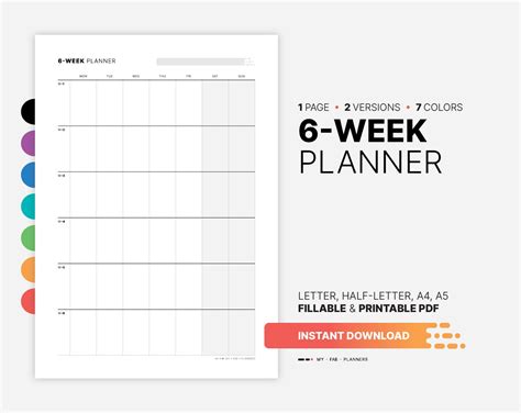 6 Week Calendar Planner Fillable Pdf Template Printable Etsy