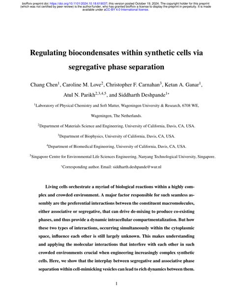 Pdf Regulating Biocondensates Within Synthetic Cells Via Segregative