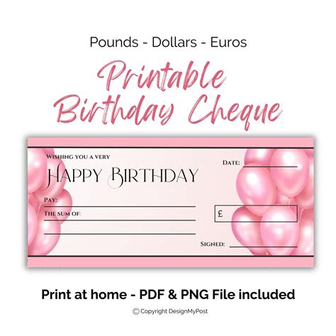 Printable Blank Birthday Cheque With Pink Balloons T Cheque