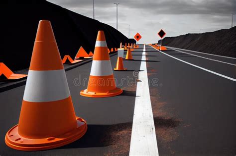 Road With Fresh Asphalt Layer And Traffic Cones To Direct Drivers To Slow Down Stock