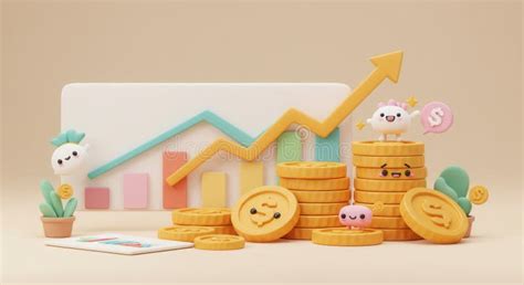 Cute 3d Financial Growth With Kawaii Money Icons And Rising Chart Stock