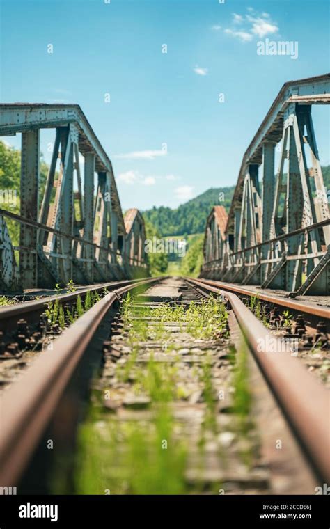 Railway Bridge Over River In Polish Mountain Heavy Rusty Steel Old