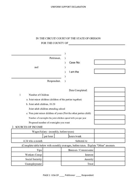 Fillable Online Oregon Circuit Court Uniform Support Declaration Form Fax Email Print Pdffiller