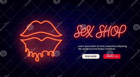 Sex Shop Neon Lettering Flyer Landing Page Template Kissing Lips With