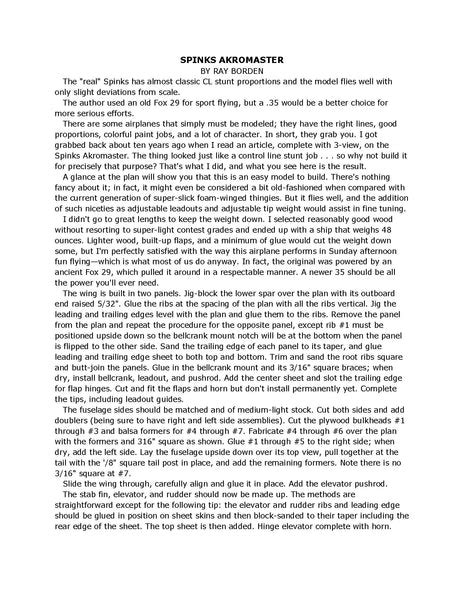 Full Size Printed Plan Vintage 1980 Control Line Stunt 29 35 Spinks Vintage Model Plans