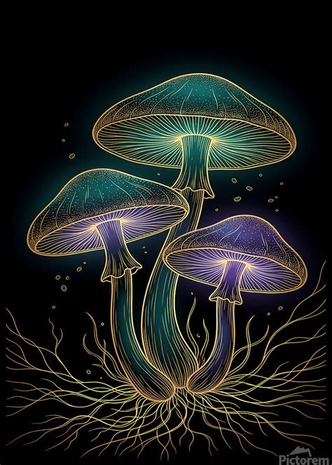 Glowing Mushrooms With Roots By Gadiniro Art Wall Art
