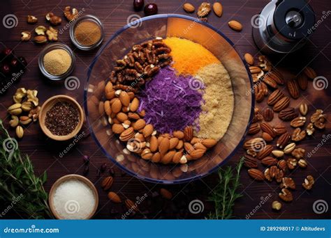 Top View Of Food Processor With Mixed Nuts Stock Image Image Of Food